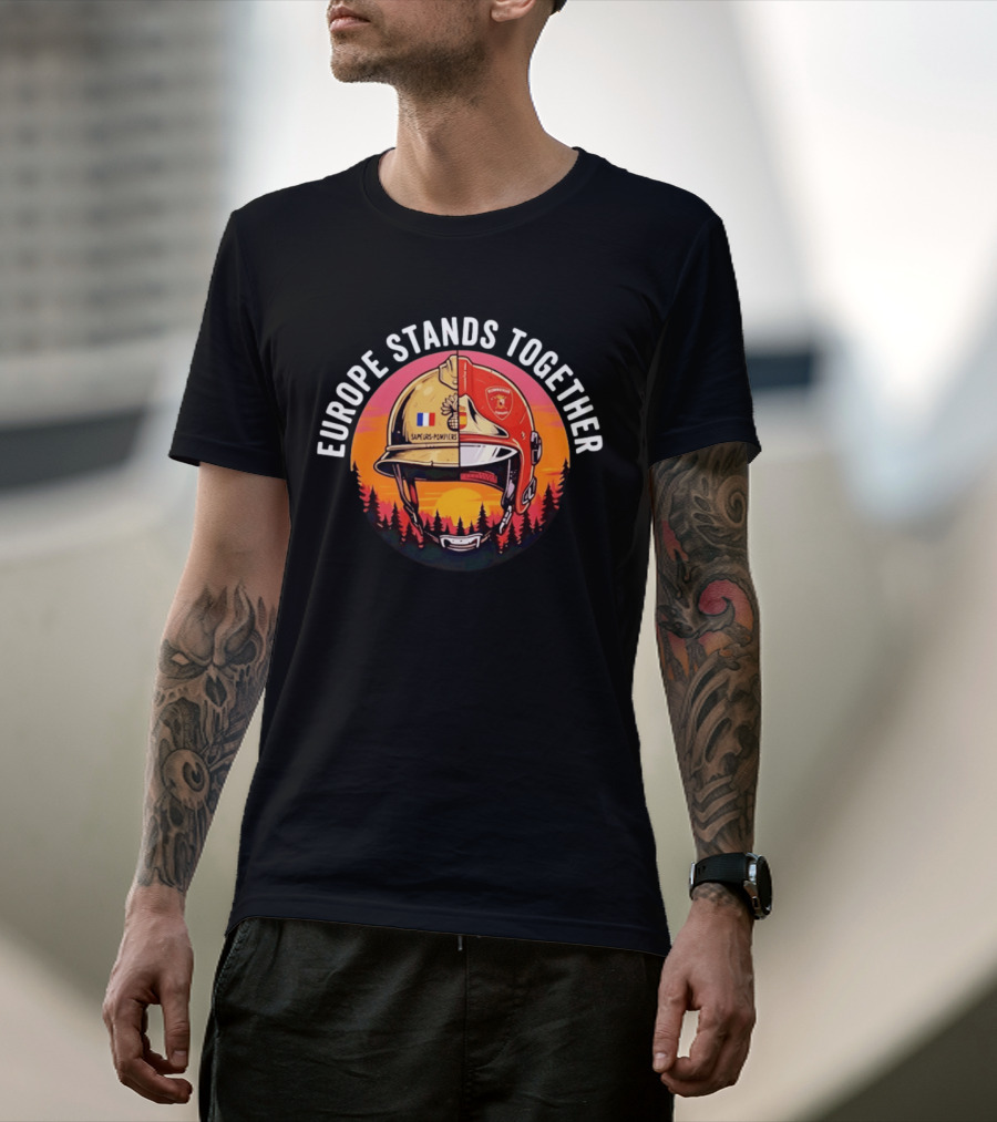 Europe Stands Together Sapeurs Pompiers Bomberos Espana Firefighter Helmet Forest Sunset T-Shirt