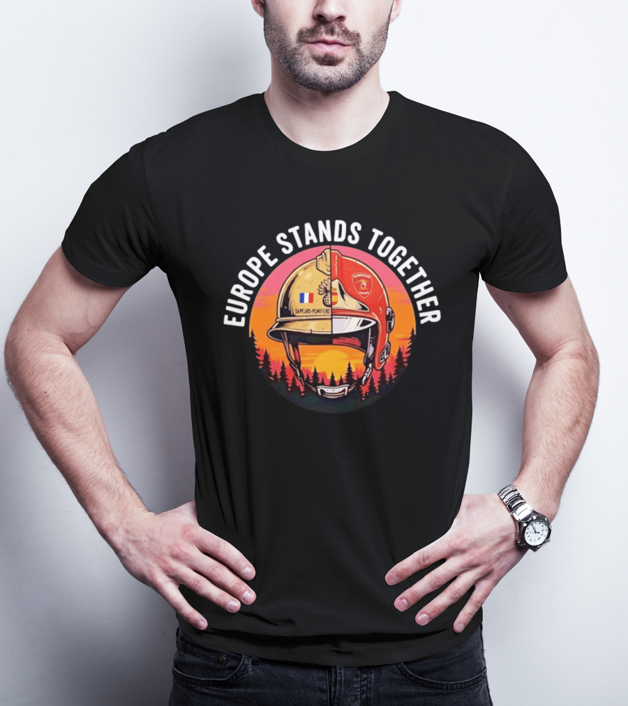 Europe Stands Together Sapeurs Pompiers Bomberos Espana Firefighter Helmet Forest Sunset T-Shirt