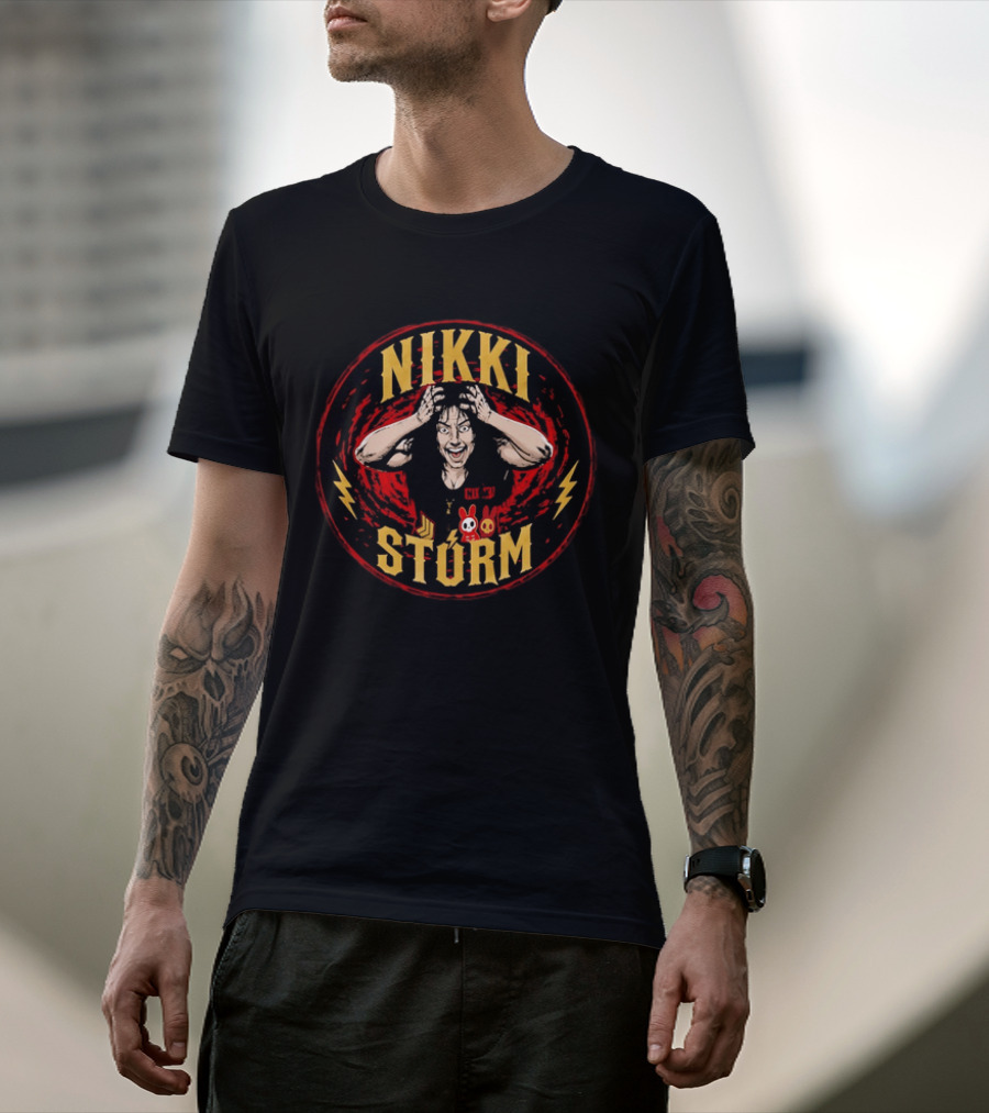 Nikki Stürm Wrestling Character With Lightning Bolts And Red Spiral T-Shirt