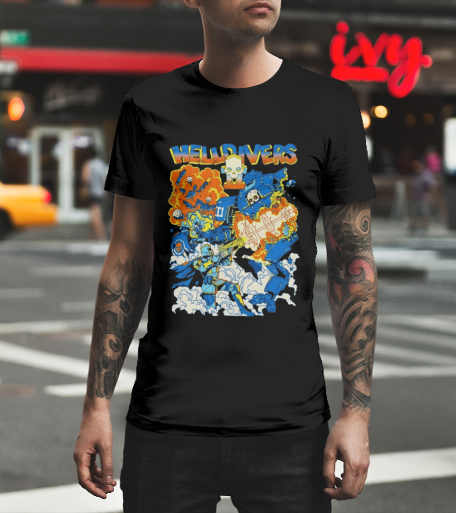 Helldivers Super Earth Soldier Combat Action Explosive Battle Scene T-Shirt