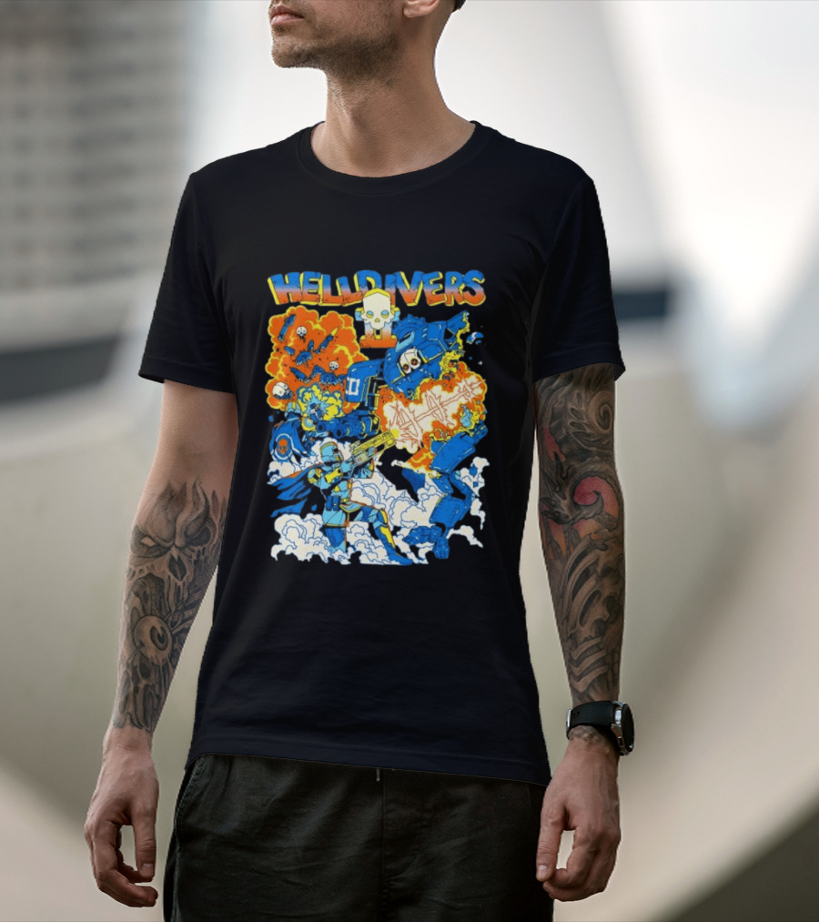 Helldivers Super Earth Soldier Combat Action Explosive Battle Scene T-Shirt