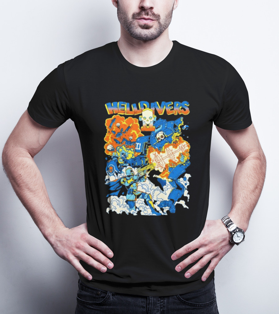Helldivers Super Earth Soldier Combat Action Explosive Battle Scene T-Shirt