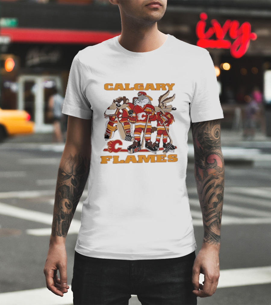 Calgary Flames Looney Tunes Bugs Bunny Hockey Team Characters T-Shirt