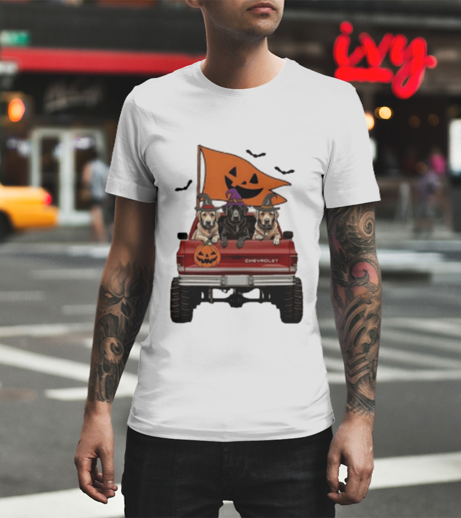 Chevrolet Halloween Dogs In Truck With Pumpkin And Bats T-Shirt