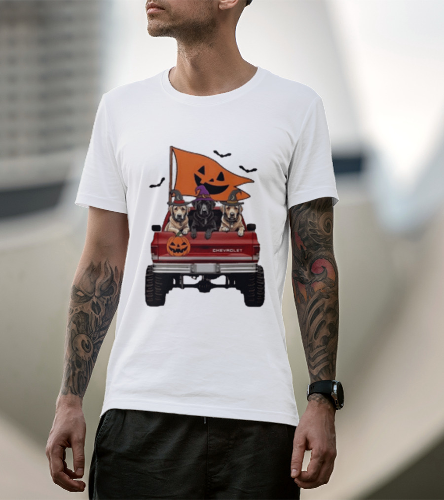 Chevrolet Halloween Dogs In Truck With Pumpkin And Bats T-Shirt