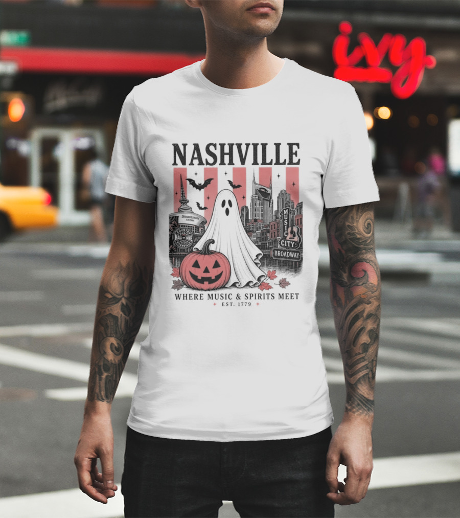 Nashville Halloween Ghost Music Spirits Skyline Pumpkin Bats T-Shirt