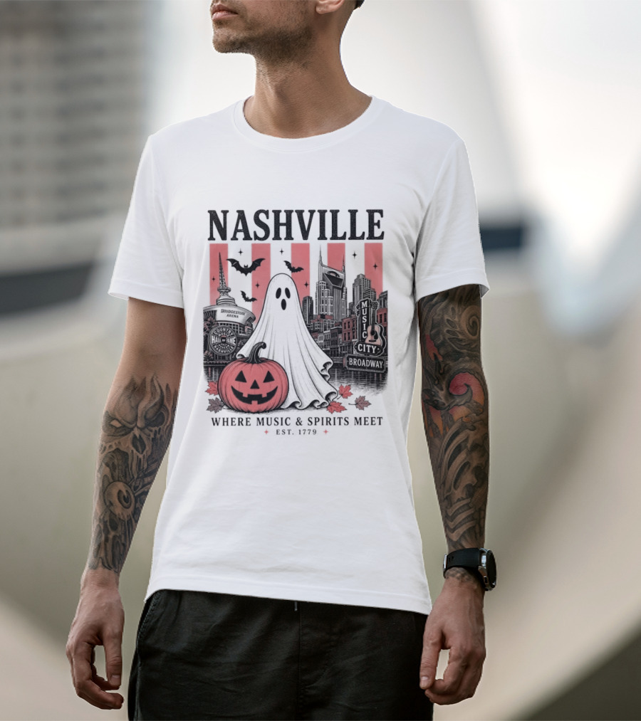 Nashville Halloween Ghost Music Spirits Skyline Pumpkin Bats T-Shirt