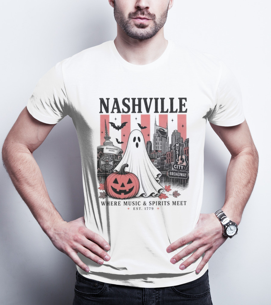 Nashville Halloween Ghost Music Spirits Skyline Pumpkin Bats T-Shirt