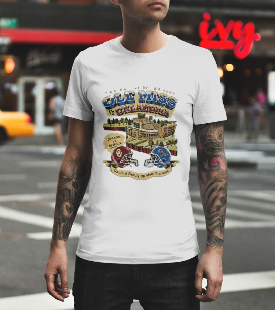 Ole Miss Vs Oklahoma Sooners Rebels Gaylord Family OK Mem Stadium T-Shirt