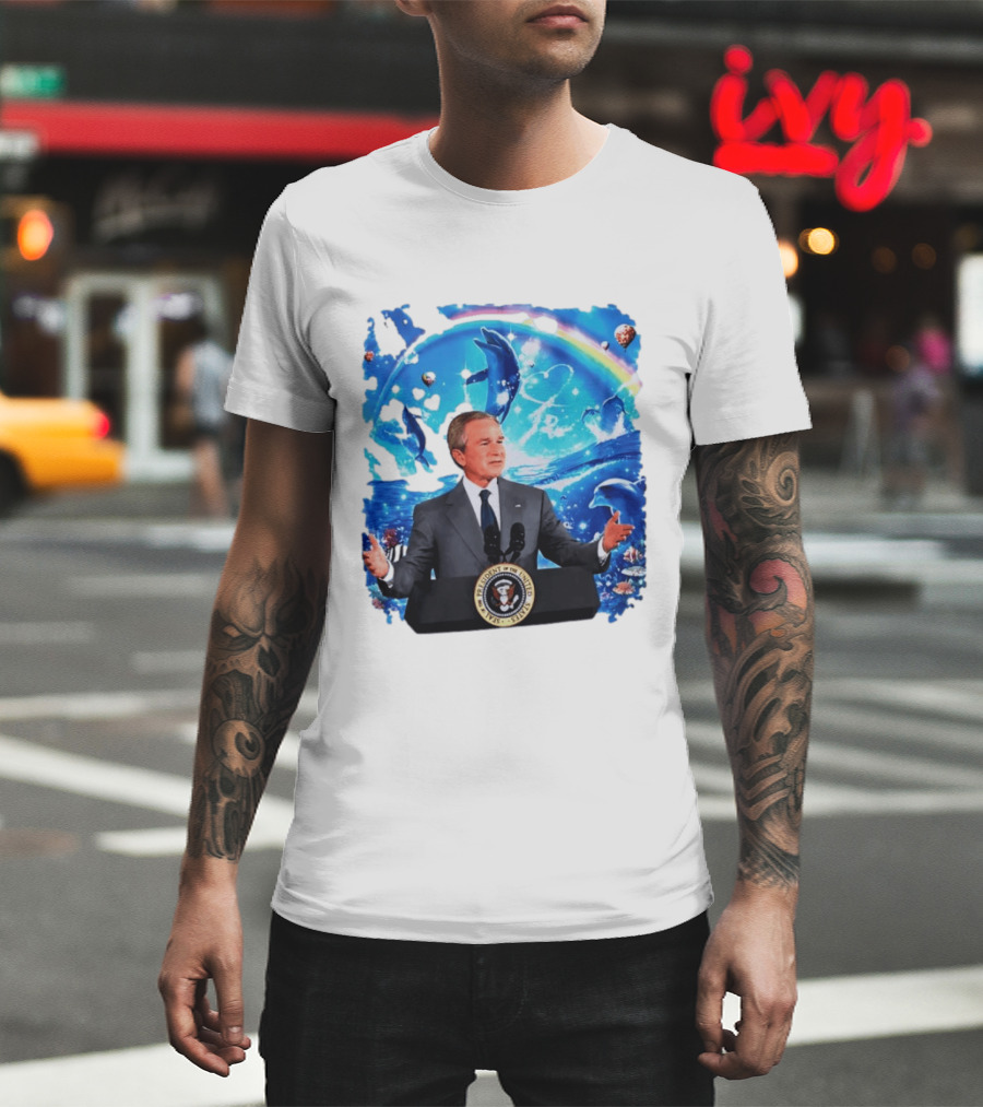 George W Bush Dolphins Coexist Peacefully With Rainbow And Ocean Scene T-Shirt