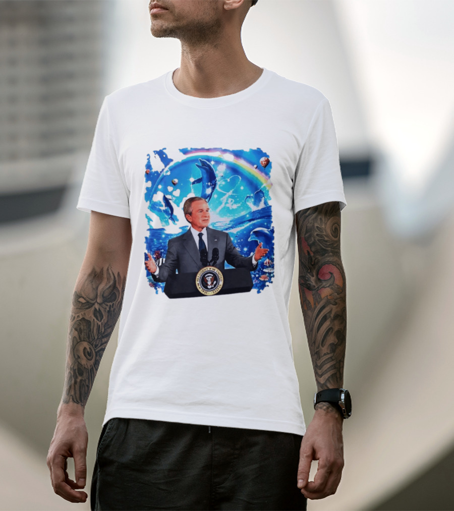 George W Bush Dolphins Coexist Peacefully With Rainbow And Ocean Scene T-Shirt