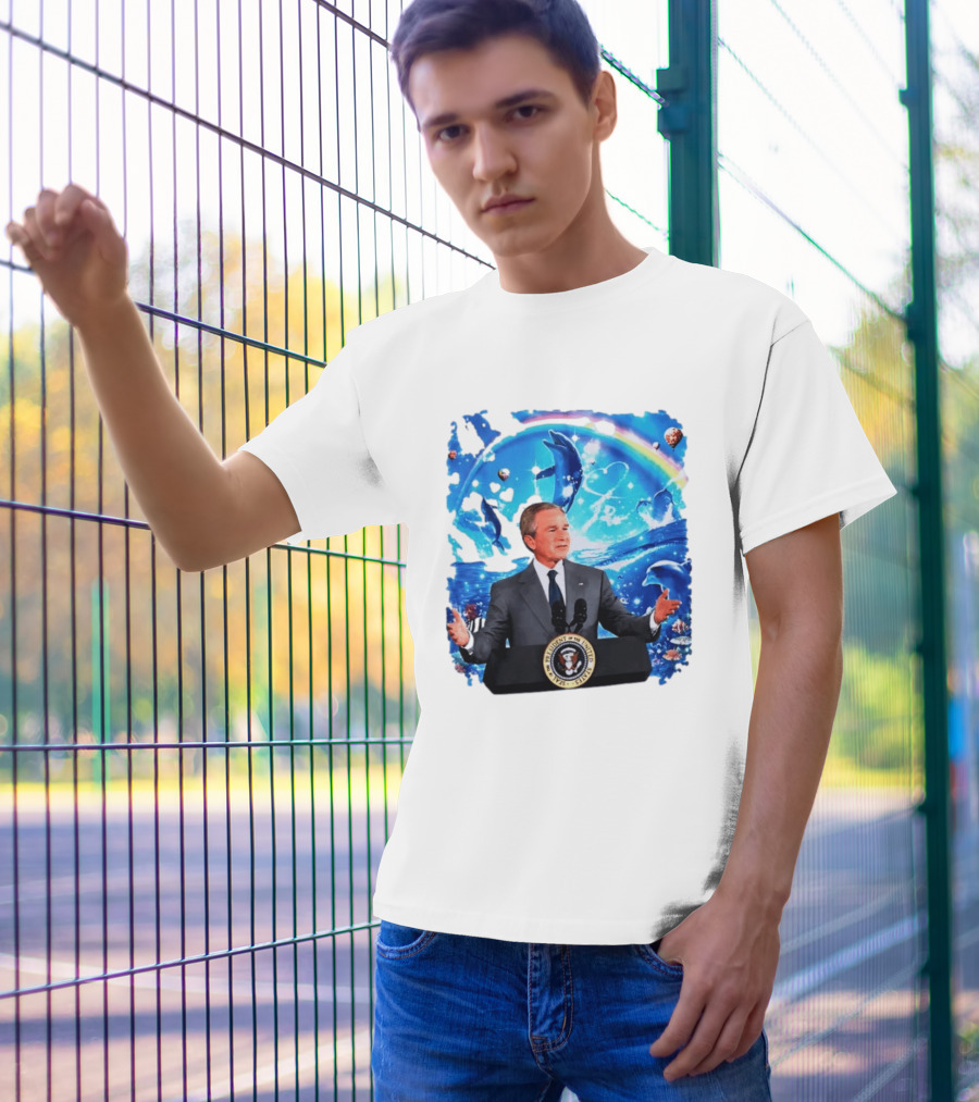 George W Bush Dolphins Coexist Peacefully With Rainbow And Ocean Scene T-Shirt