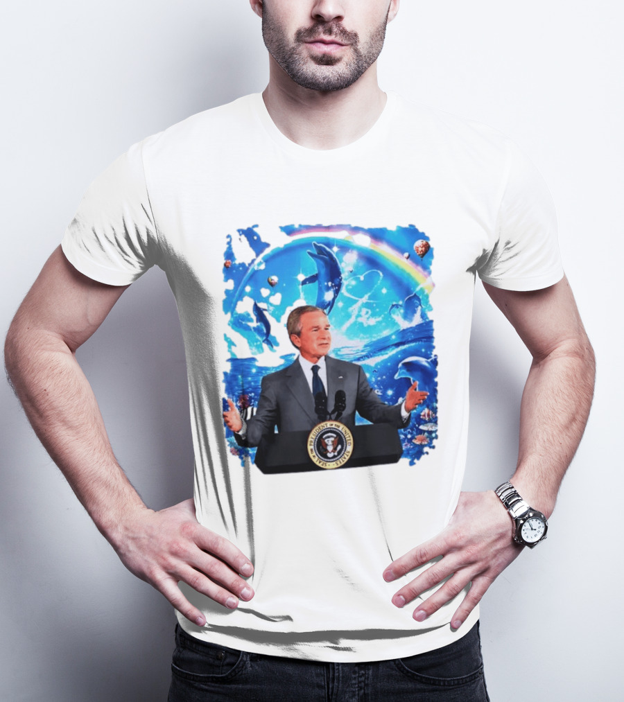 George W Bush Dolphins Coexist Peacefully With Rainbow And Ocean Scene T-Shirt