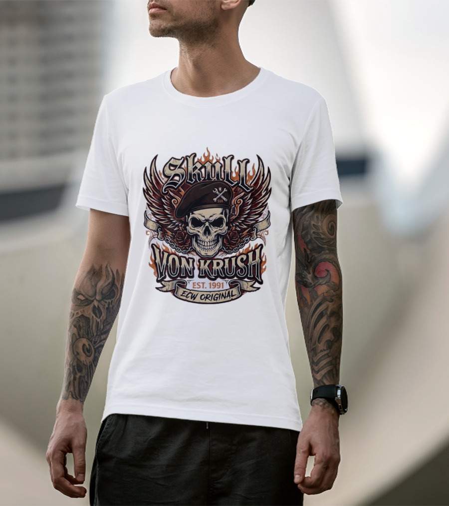 Skull Von Krush SVK Est 1991 ECW Original Flame Wings Roses T-Shirt