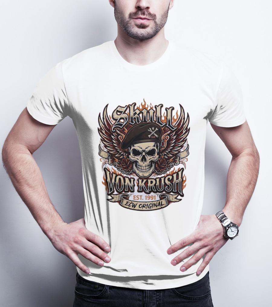 Skull Von Krush SVK Est 1991 ECW Original Flame Wings Roses T-Shirt