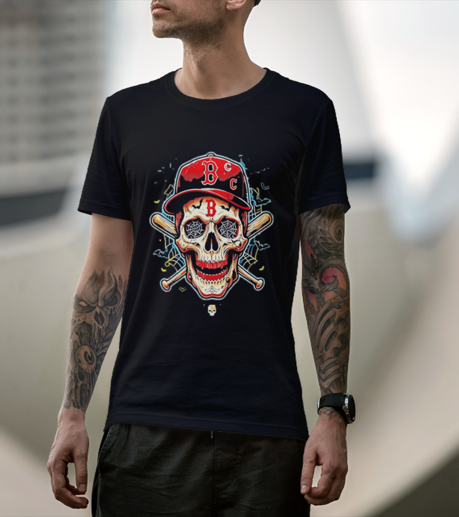 Boston Red Sox Skull Baseball Crossed Bats Red Cap T-Shirt