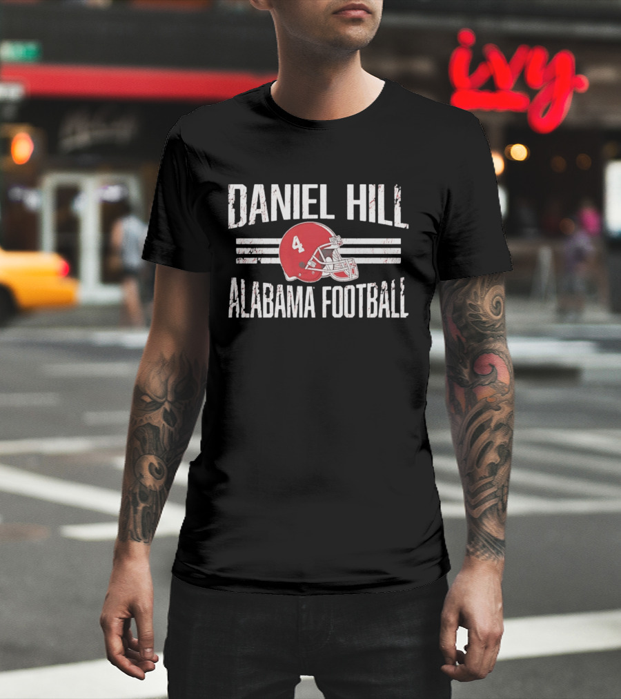 Daniel Hill Alabama Football Number 4 Red Helmet Distressed T-Shirt
