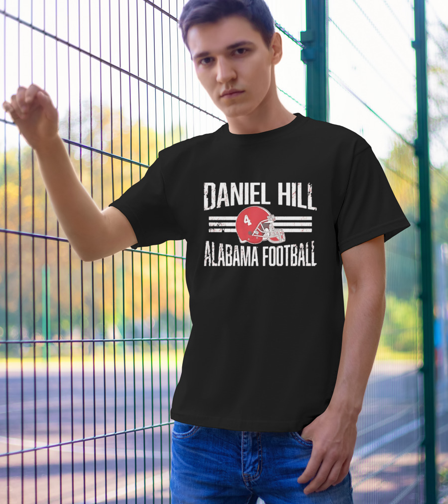 Daniel Hill Alabama Football Number 4 Red Helmet Distressed T-Shirt