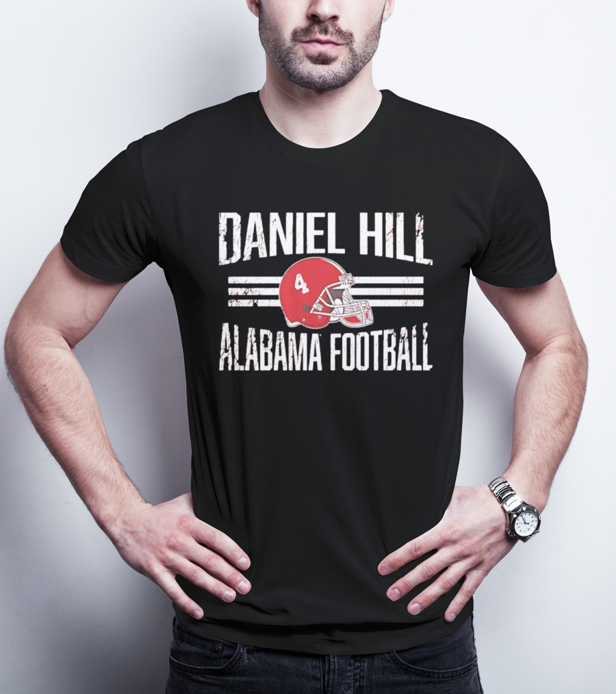 Daniel Hill Alabama Football Number 4 Red Helmet Distressed T-Shirt