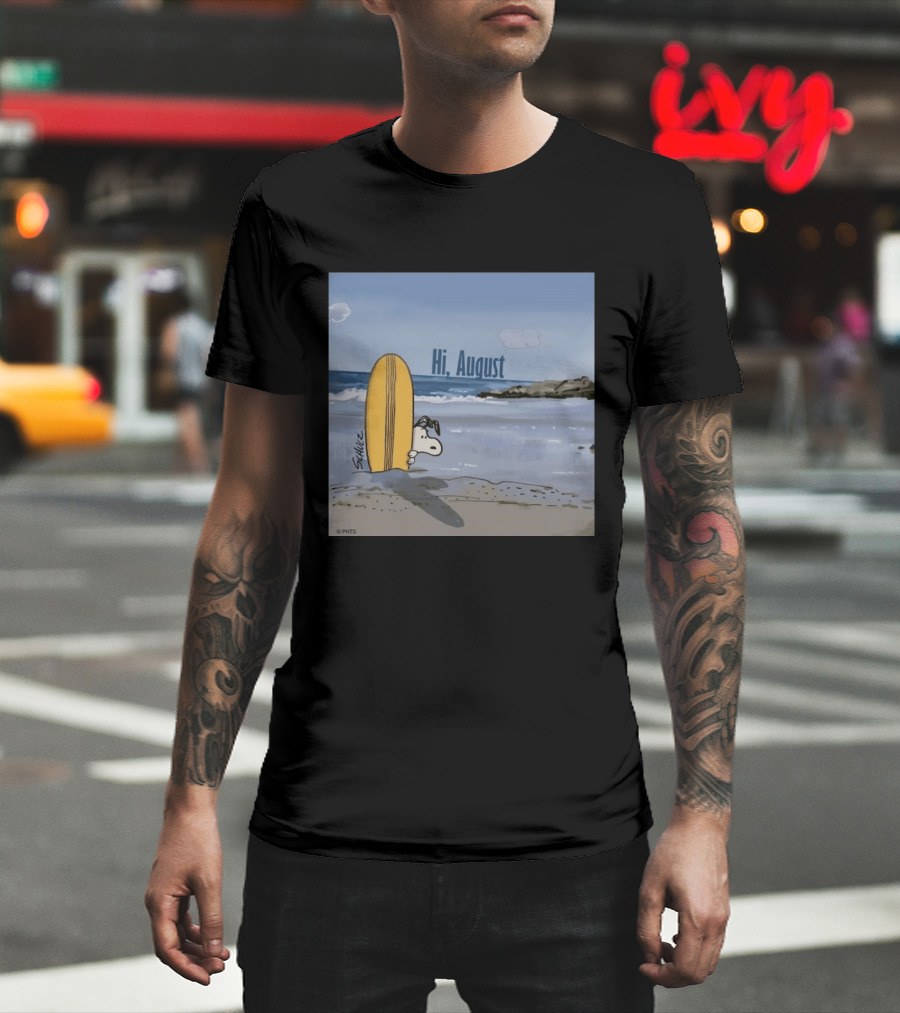 Snoopy Hi August Surfboard Beach Scene By Schulz T-Shirt