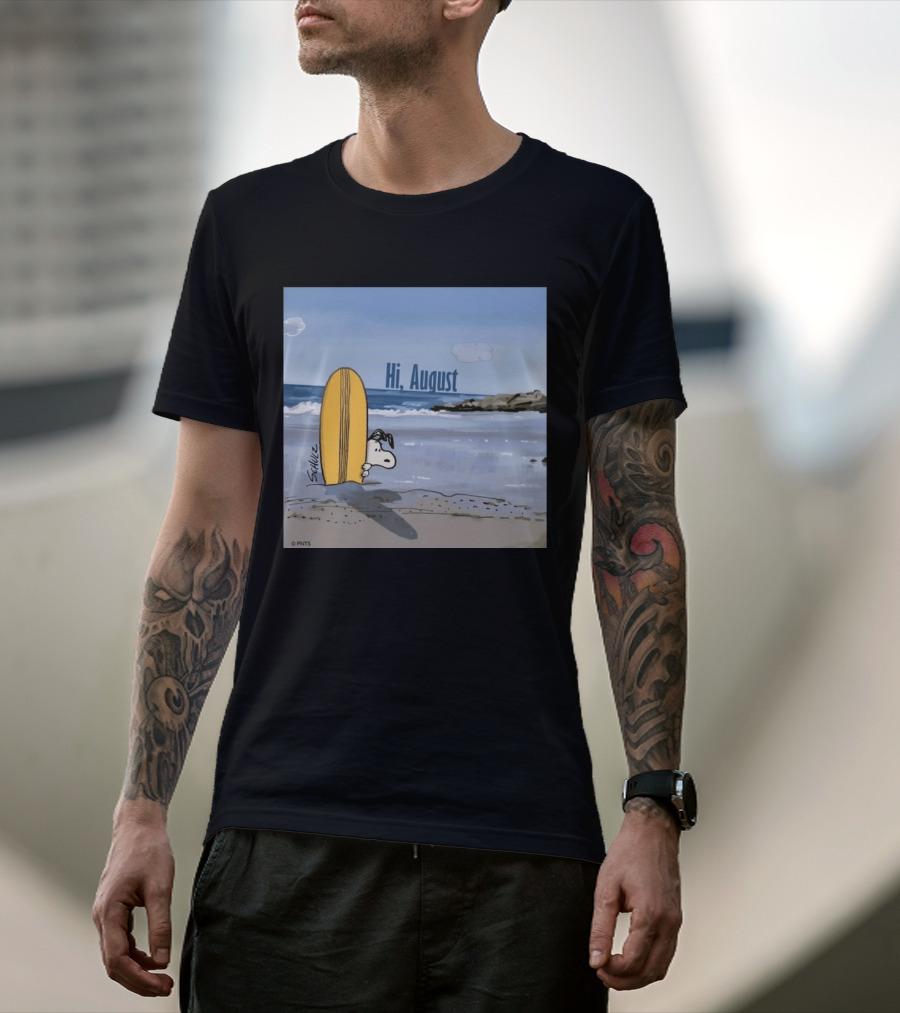 Snoopy Hi August Surfboard Beach Scene By Schulz T-Shirt