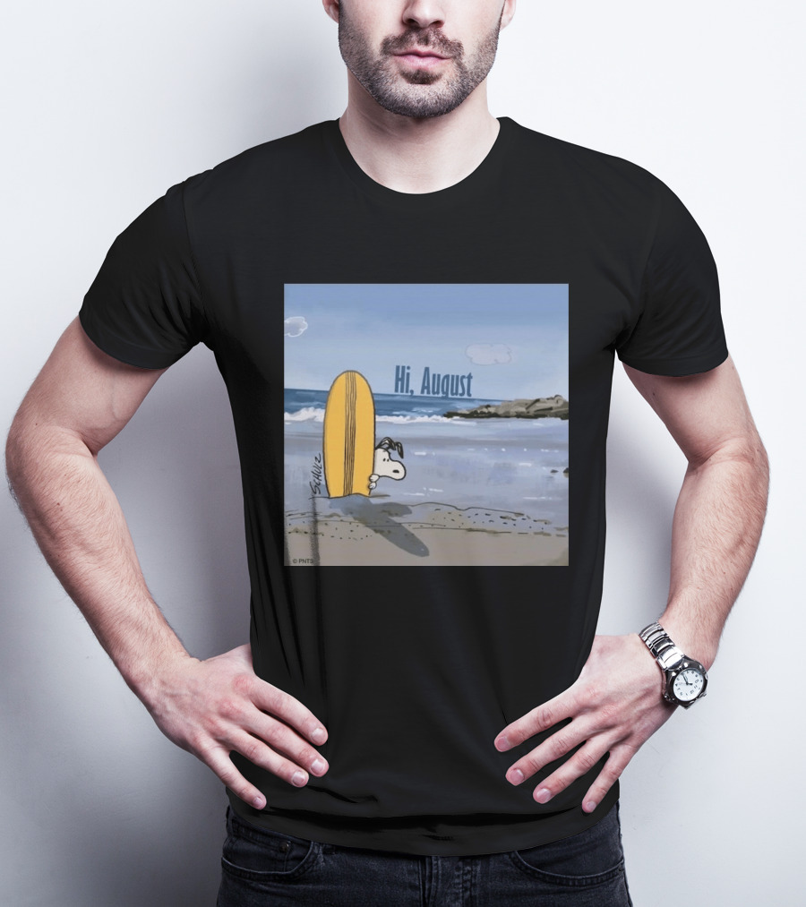 Snoopy Hi August Surfboard Beach Scene By Schulz T-Shirt