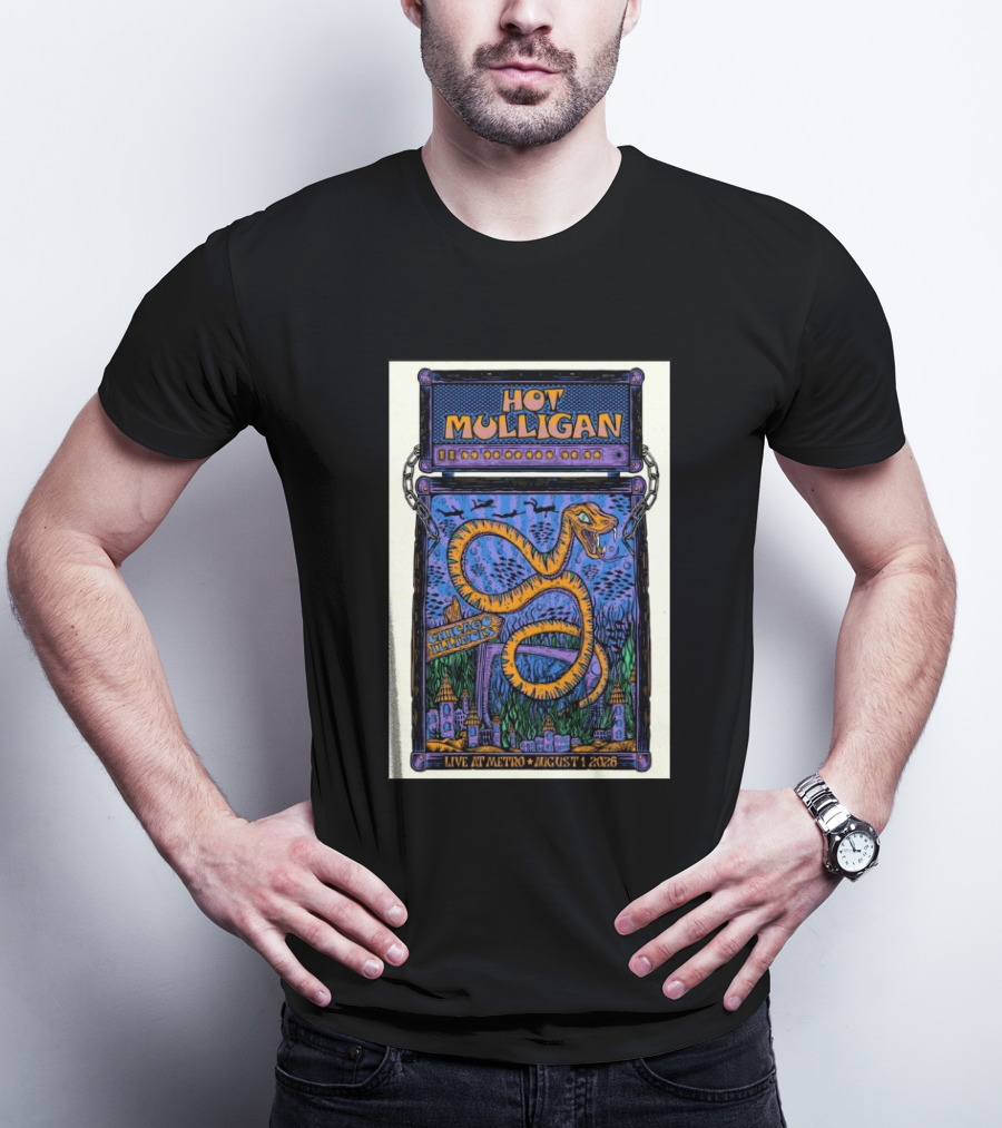 Hot Mulligan Live At Metro Chicago Illinois August 1 2026 With Snake And Cityscape T-Shirt