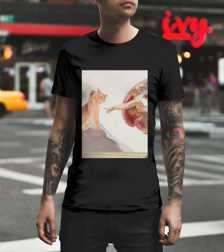 The Creation Of Adam With A Cat By Michelangelo T-Shirt