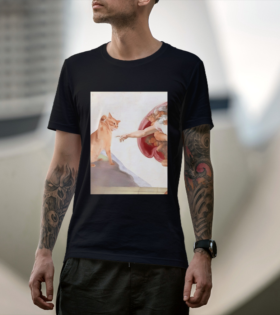 The Creation Of Adam With A Cat By Michelangelo T-Shirt