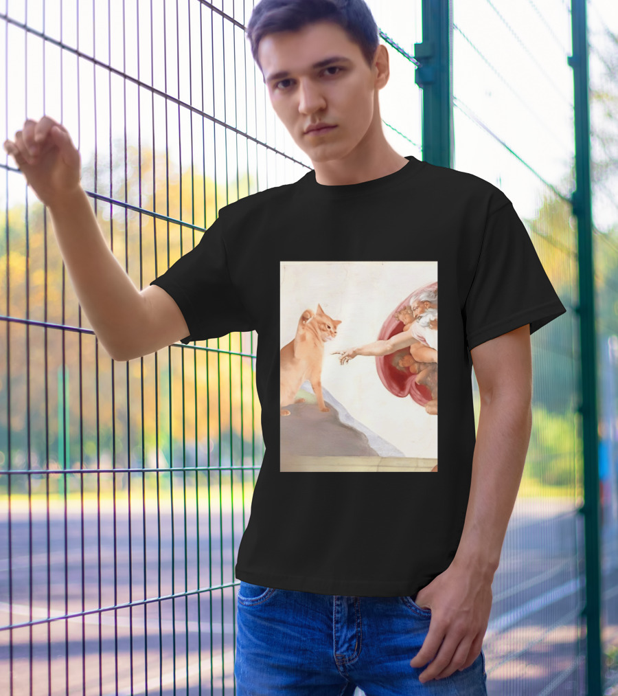 The Creation Of Adam With A Cat By Michelangelo T-Shirt