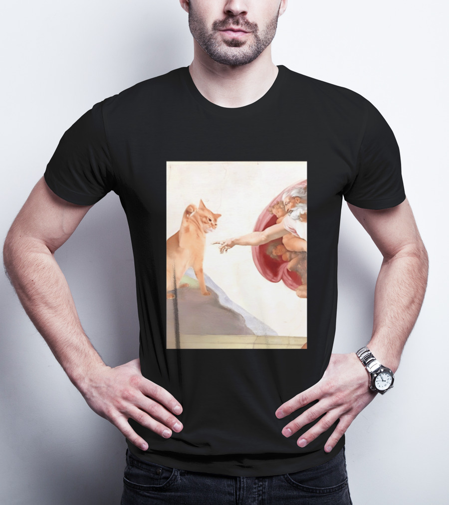 The Creation Of Adam With A Cat By Michelangelo T-Shirt