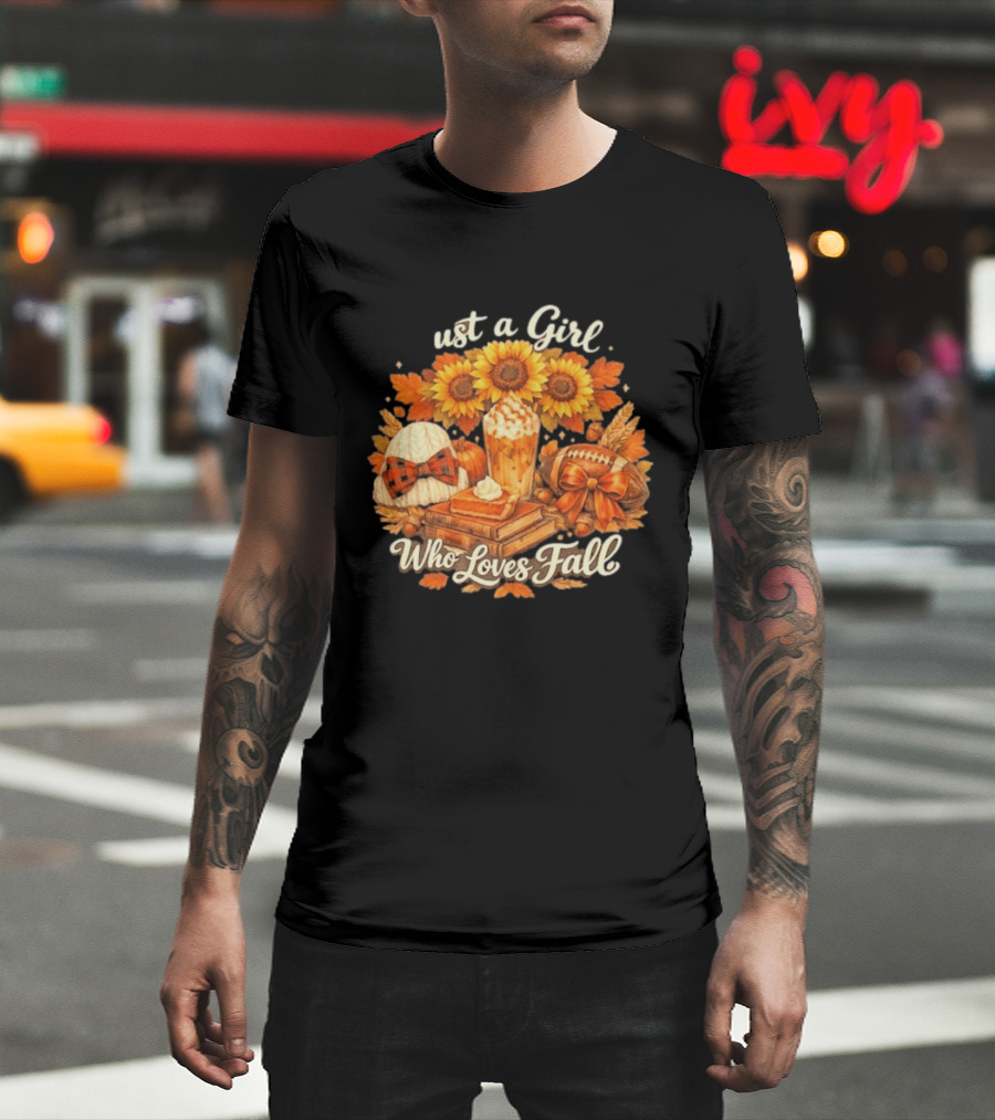 Just A Girl Who Loves Fall Sunflowers Pumpkins Leaves Cozy Autumn Aesthetic Football T-Shirt