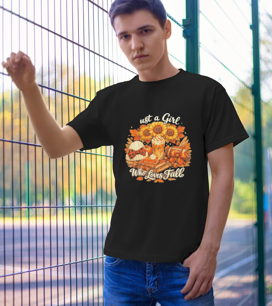 Just A Girl Who Loves Fall Sunflowers Pumpkins Leaves Cozy Autumn Aesthetic Football T-Shirt