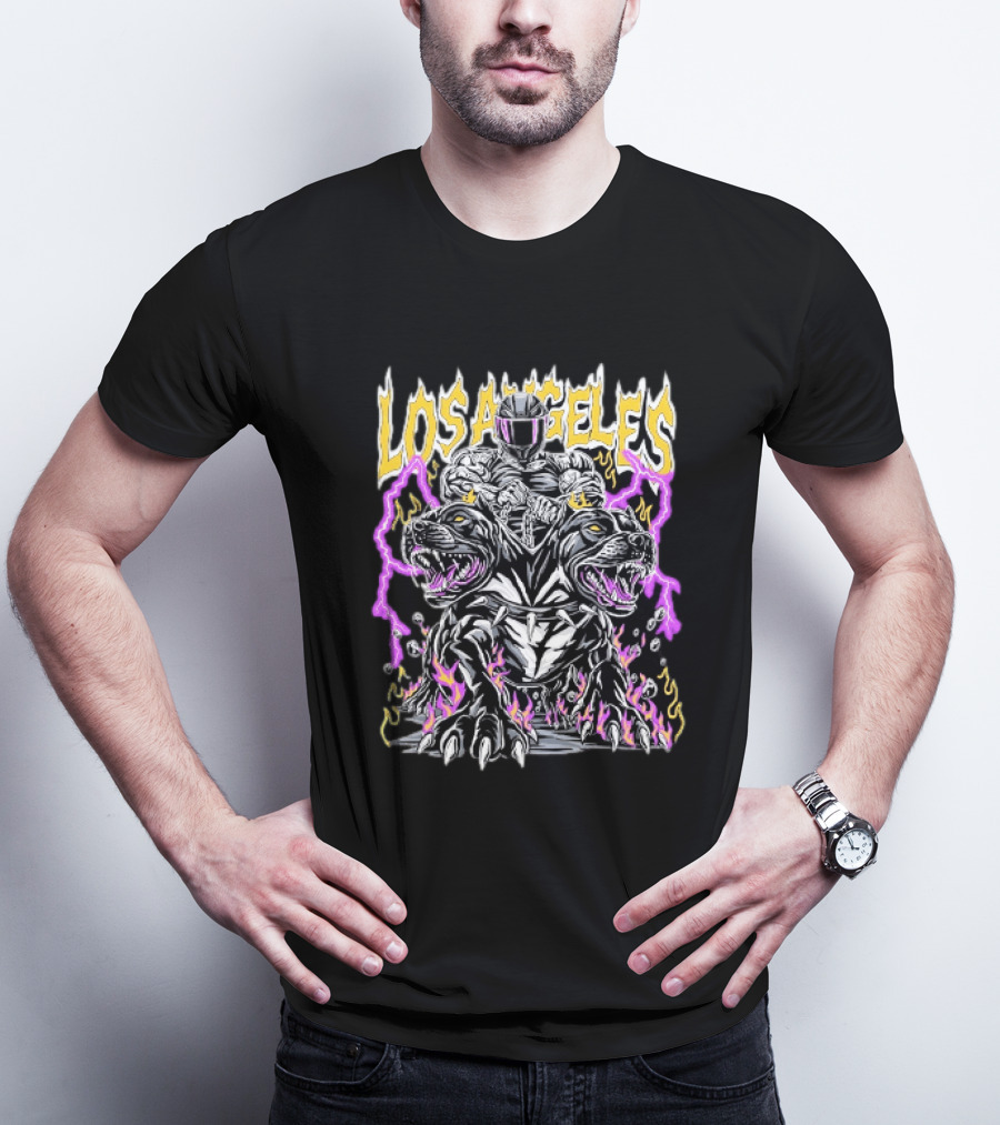Los Angeles Rider With Two Headed Pitbull And Flames T-Shirt