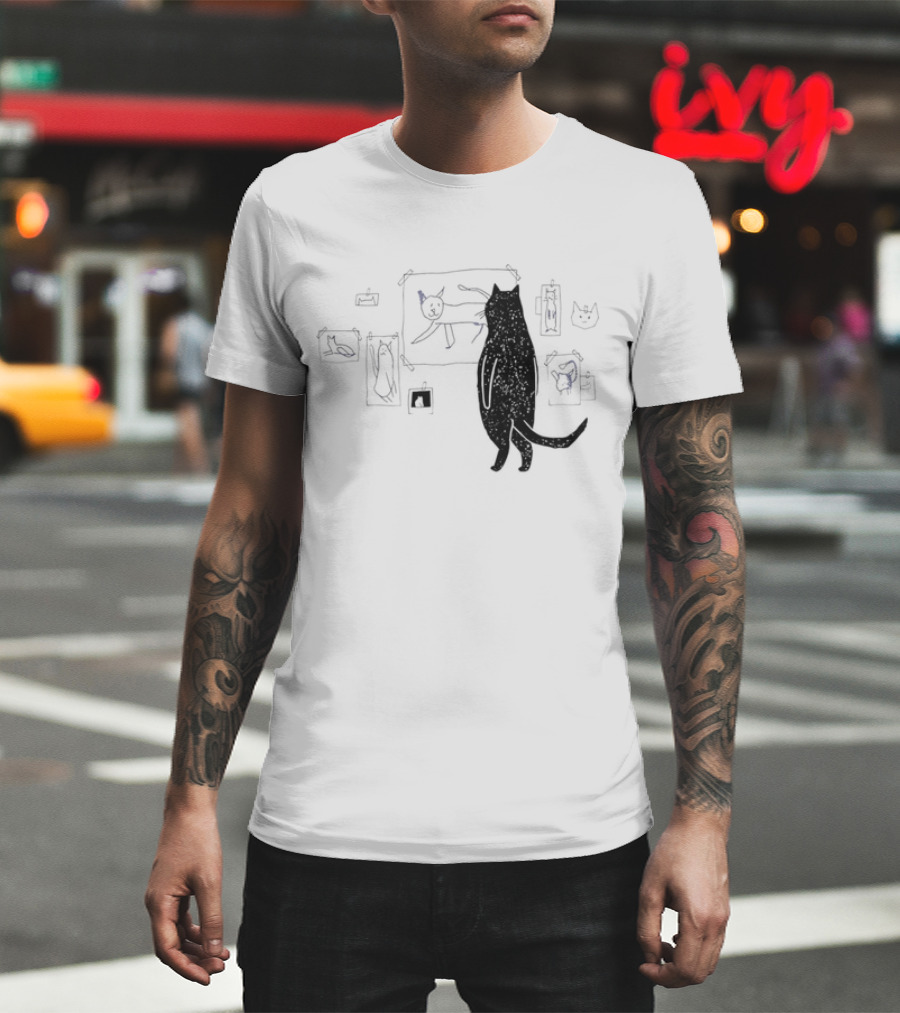 Black Cat Observing Doodle Drawings Of Cats T-Shirt