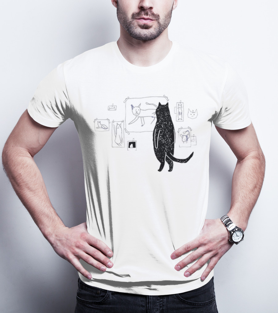 Black Cat Observing Doodle Drawings Of Cats T-Shirt