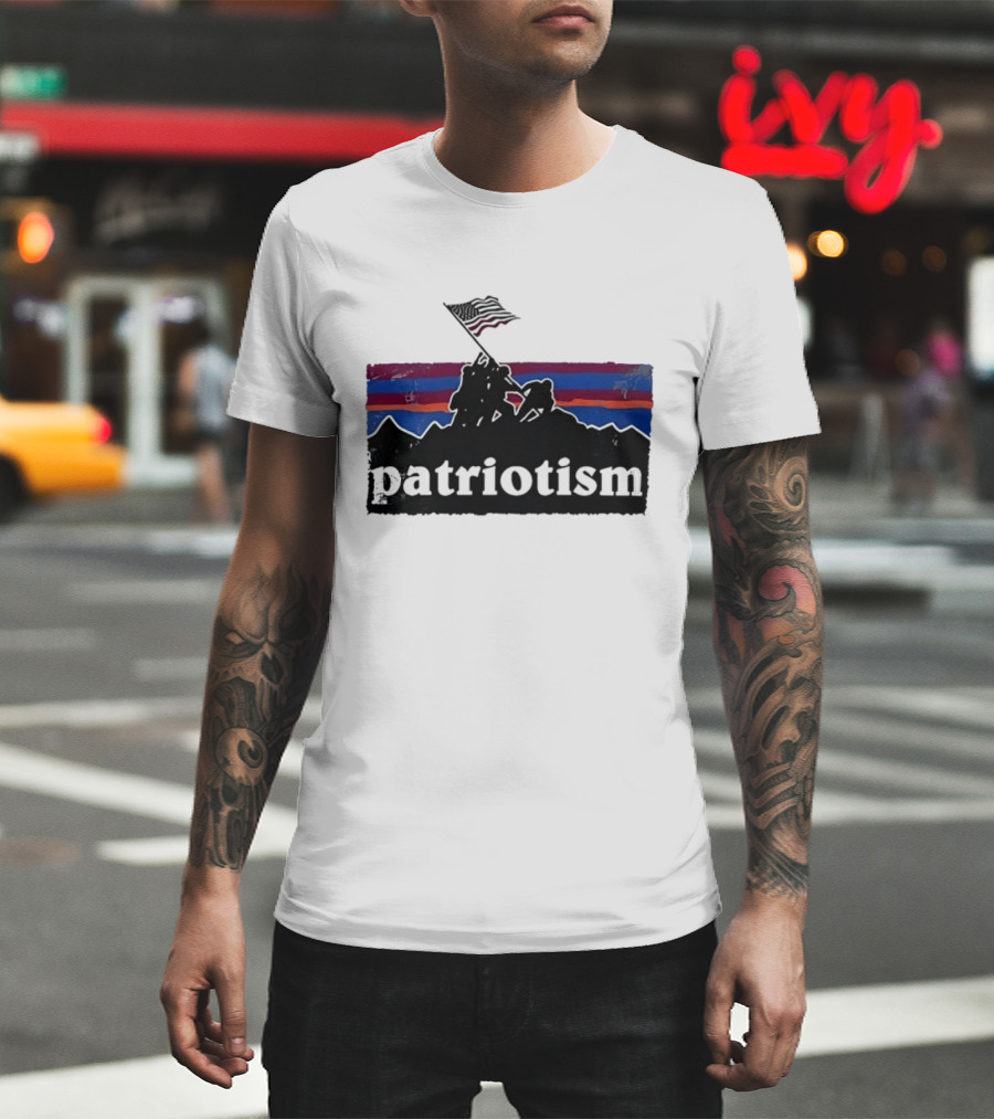 Patriotism Distressed Iwo Jima Flag Raising Retro Stripes T-Shirt