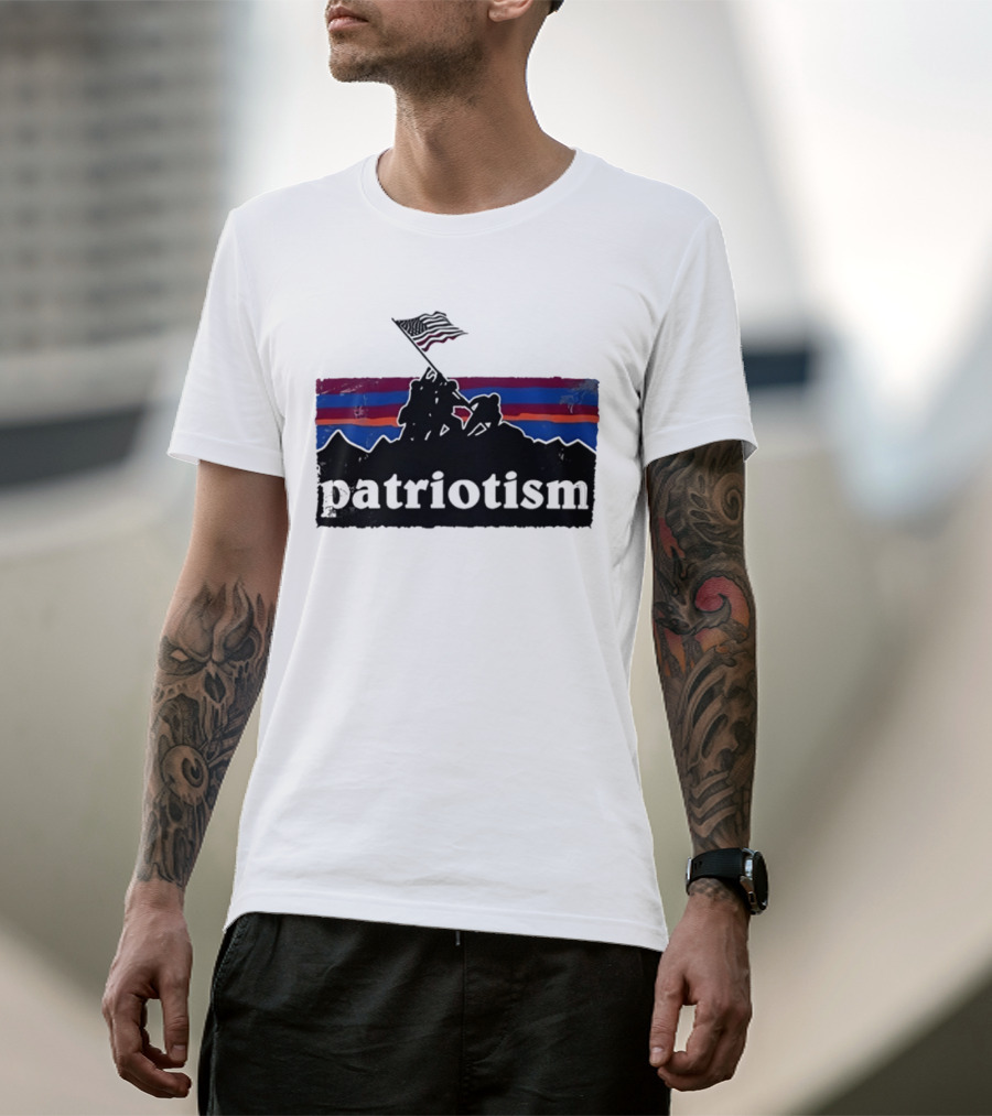 Patriotism Distressed Iwo Jima Flag Raising Retro Stripes T-Shirt