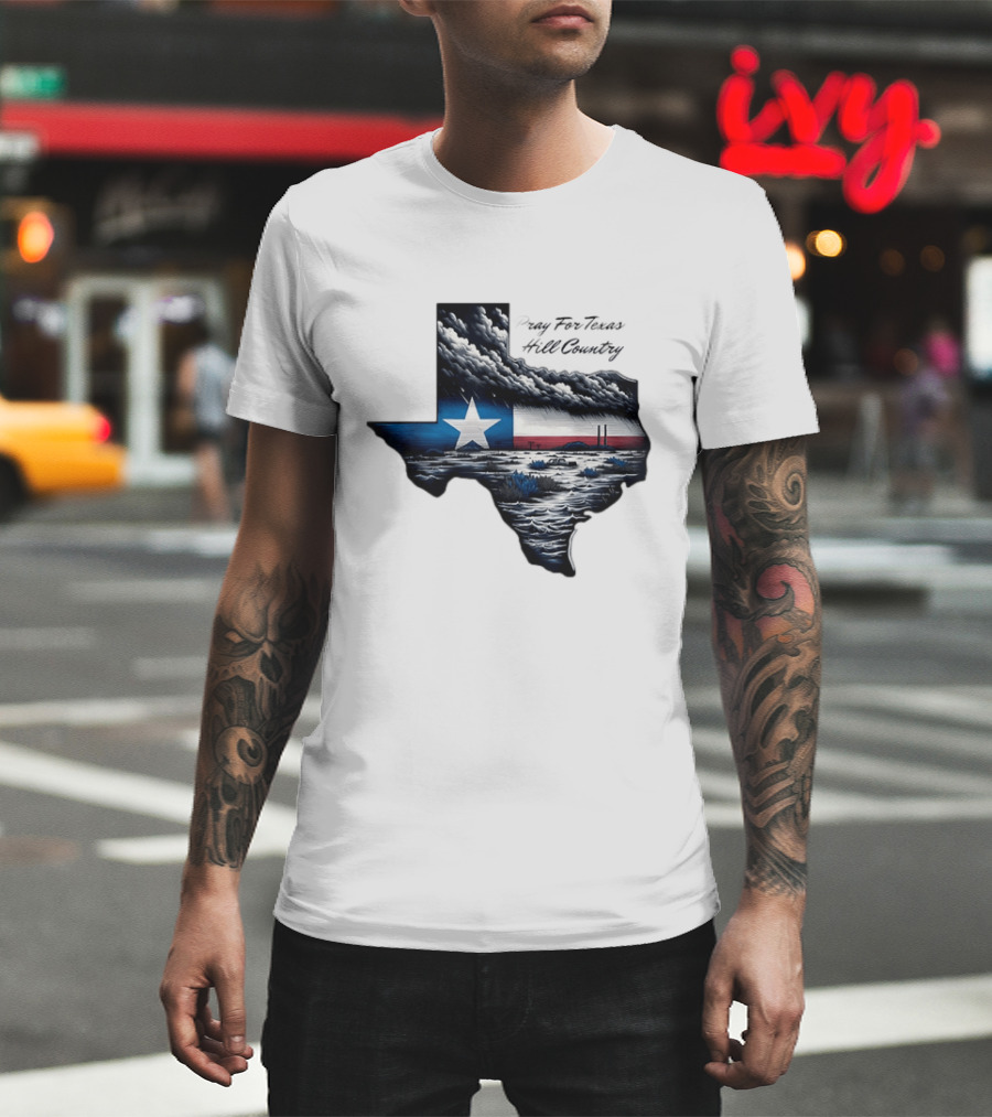 Pray For Texas Hill Country Map Texas Flag Storm Clouds T-Shirt