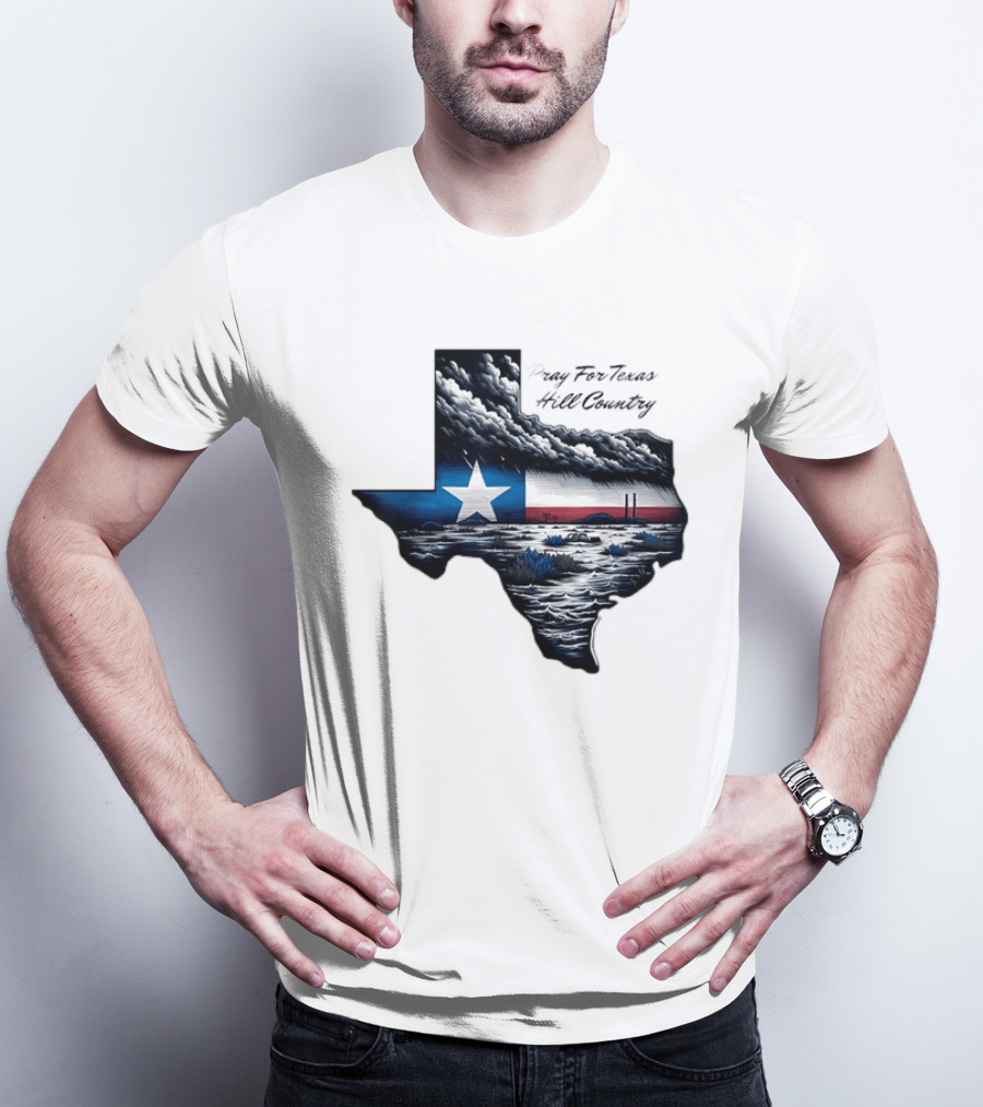 Pray For Texas Hill Country Map Texas Flag Storm Clouds T-Shirt