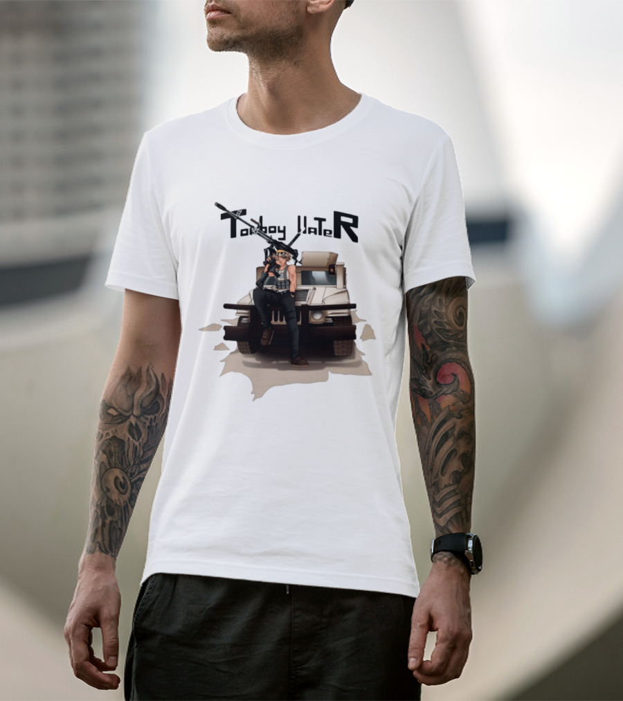 Tomboy Hater Anime Character With Gun And Armored Vehicle T-Shirt