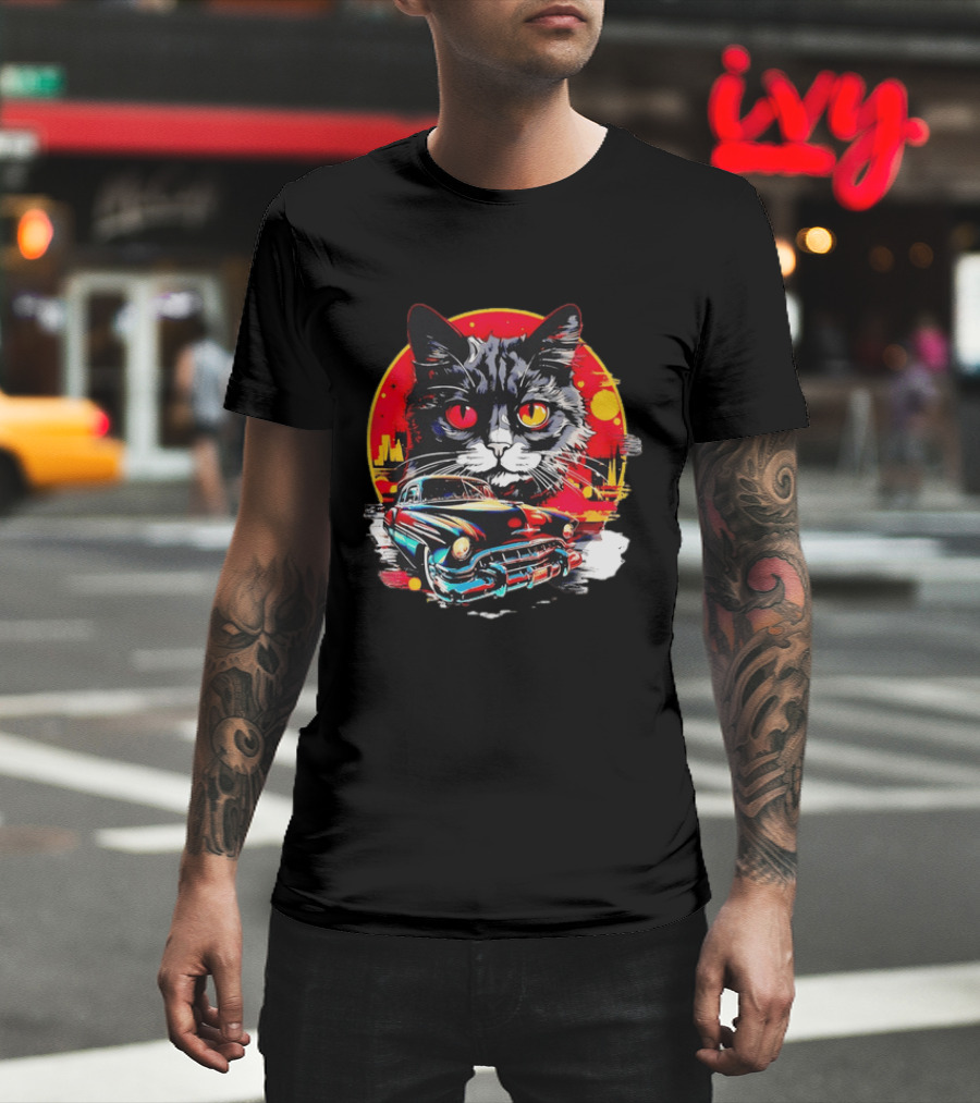 Black Cat With Vintage Classic Car And Retro Sunset T-Shirt