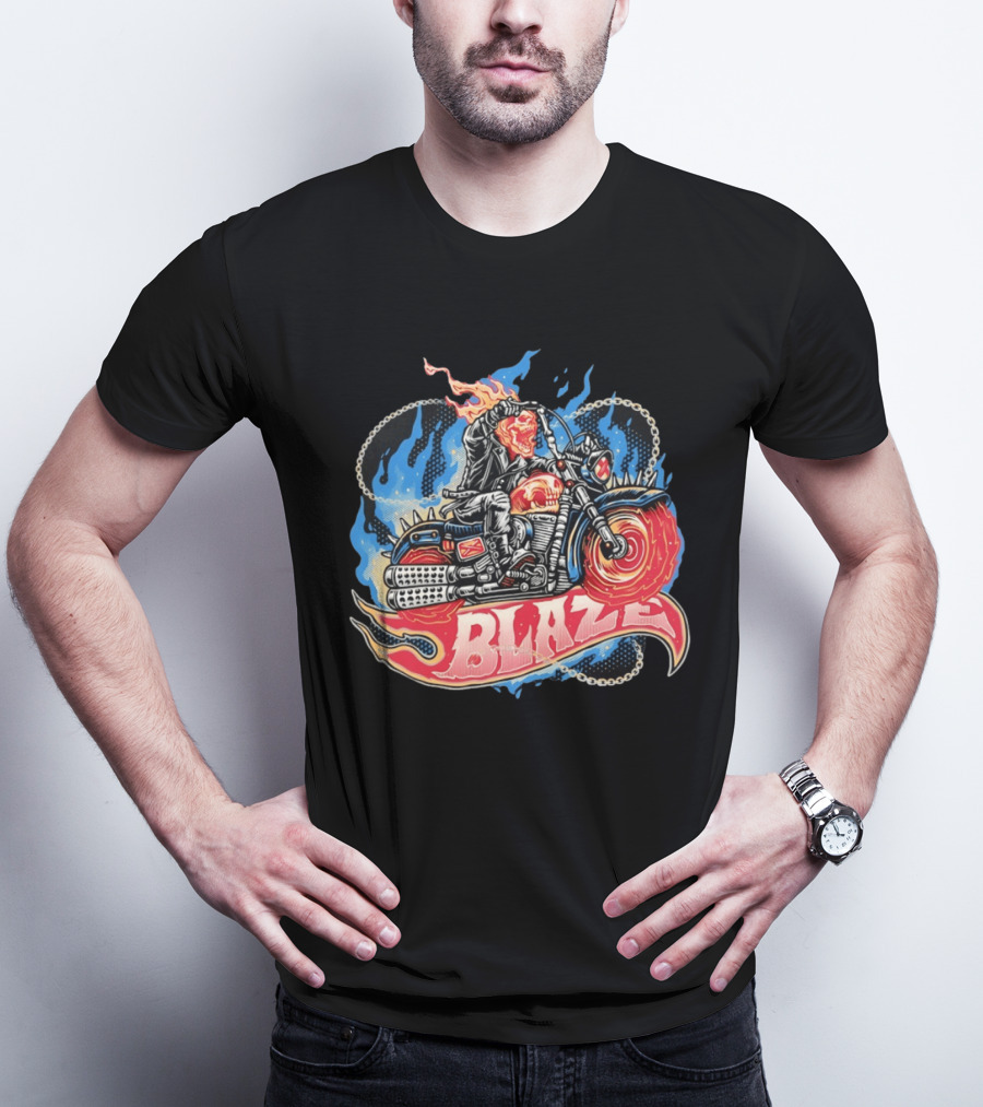 Blaze Flaming Skull Motorcycle Rider Blue Flame T-Shirt