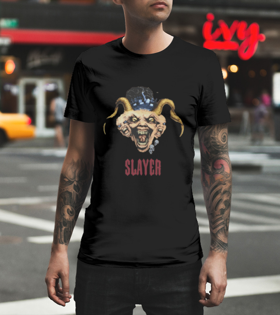 Slayer Triple Demon Head With Horns And Skulls T-Shirt