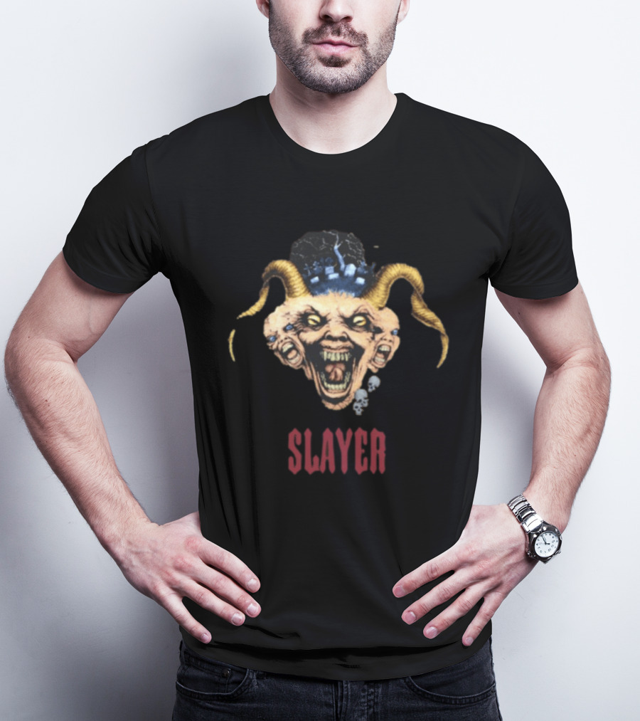 Slayer Triple Demon Head With Horns And Skulls T-Shirt