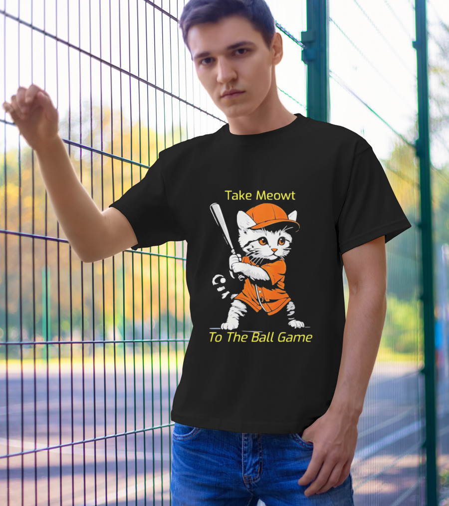 Take Meowt To The Ball Game Baseball Cat In Orange Uniform With Bat T-Shirt