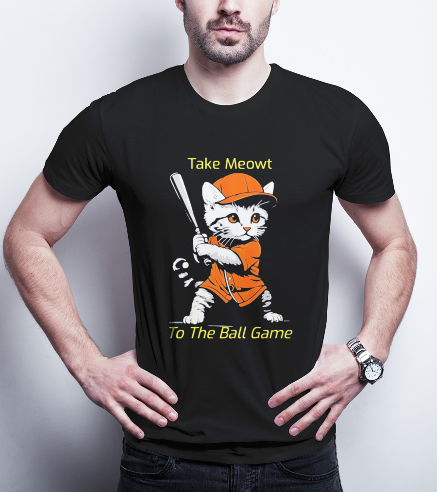 Take Meowt To The Ball Game Baseball Cat In Orange Uniform With Bat T-Shirt