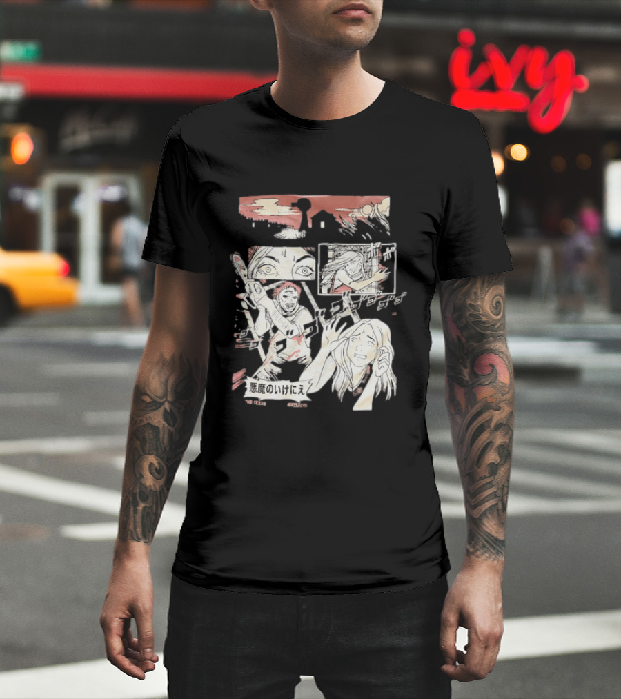 The Texas Chain Saw Massacre Manga Horror Panel With Japanese Text And Chainsaw Action T-Shirt