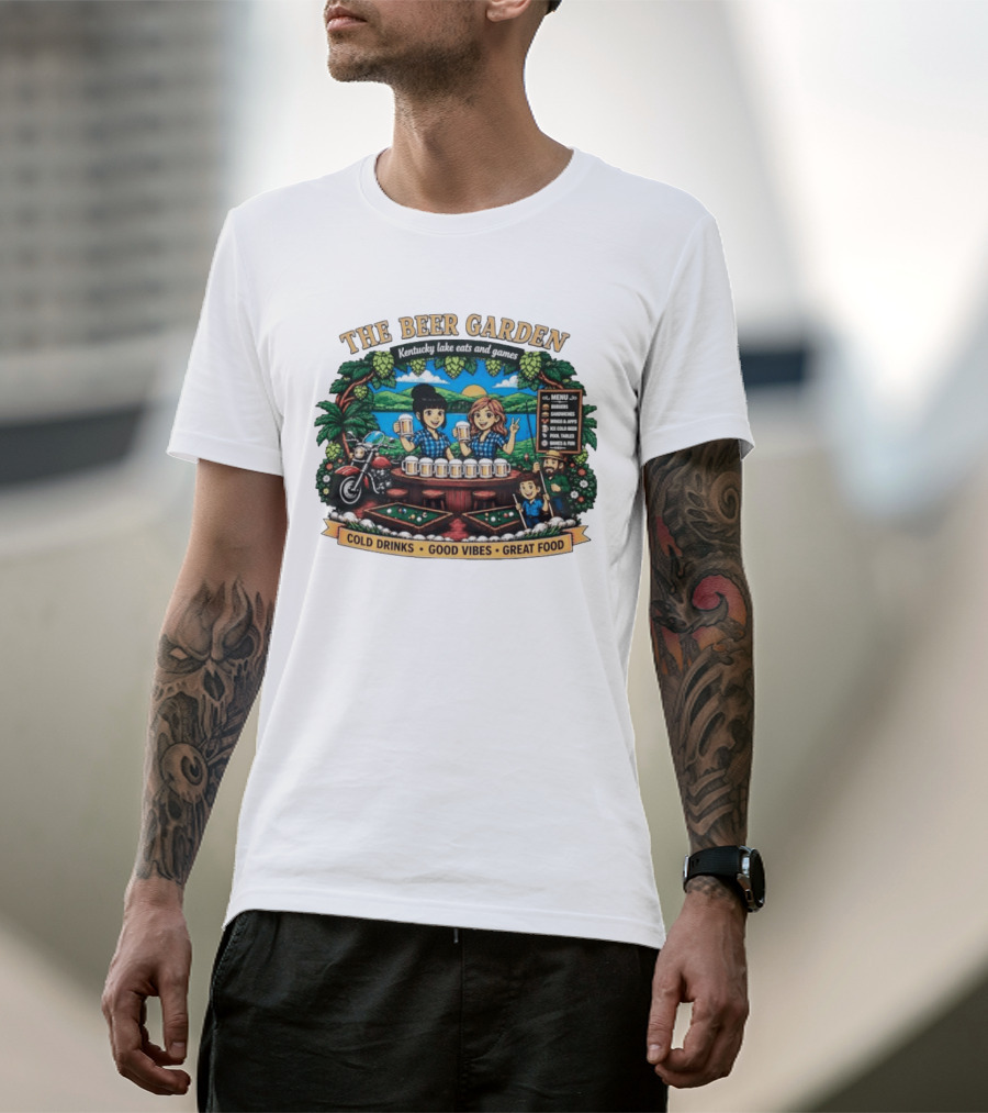 The Beer Garden Kentucky Lake Eats And Games Cold Drinks Good Vibes Great Food Burgers Sandwiches Wings Apps Relaxing Pool Tables Fun T-Shirt