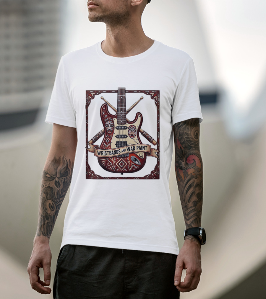 Wristbands And War Paint Electric Guitar Tribal Mask T-Shirt